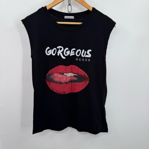 Guess Muscle Tee Tank Top Womens S Rhinestone Lips Graphic Stretch ...