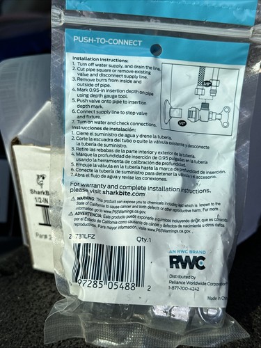 Brand New SharkBite 1/2" x 3/8" OD Loose Key Stop Push to Connect Free ...