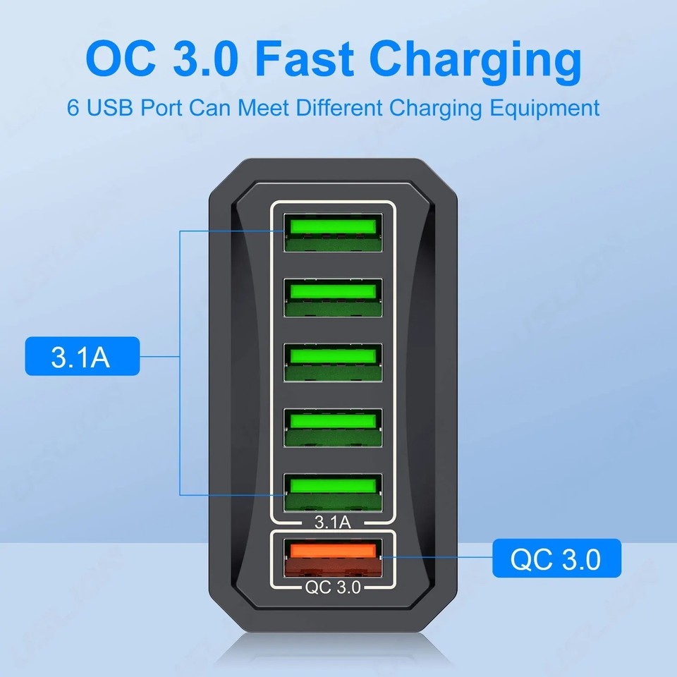 6 Multi-Port Fast Quick Charge USB Hub Mains Wall Charger UK Plug ...