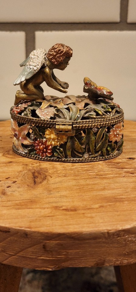Bejeweled cherub and butterfly trinket box, figurine with crystals ...
