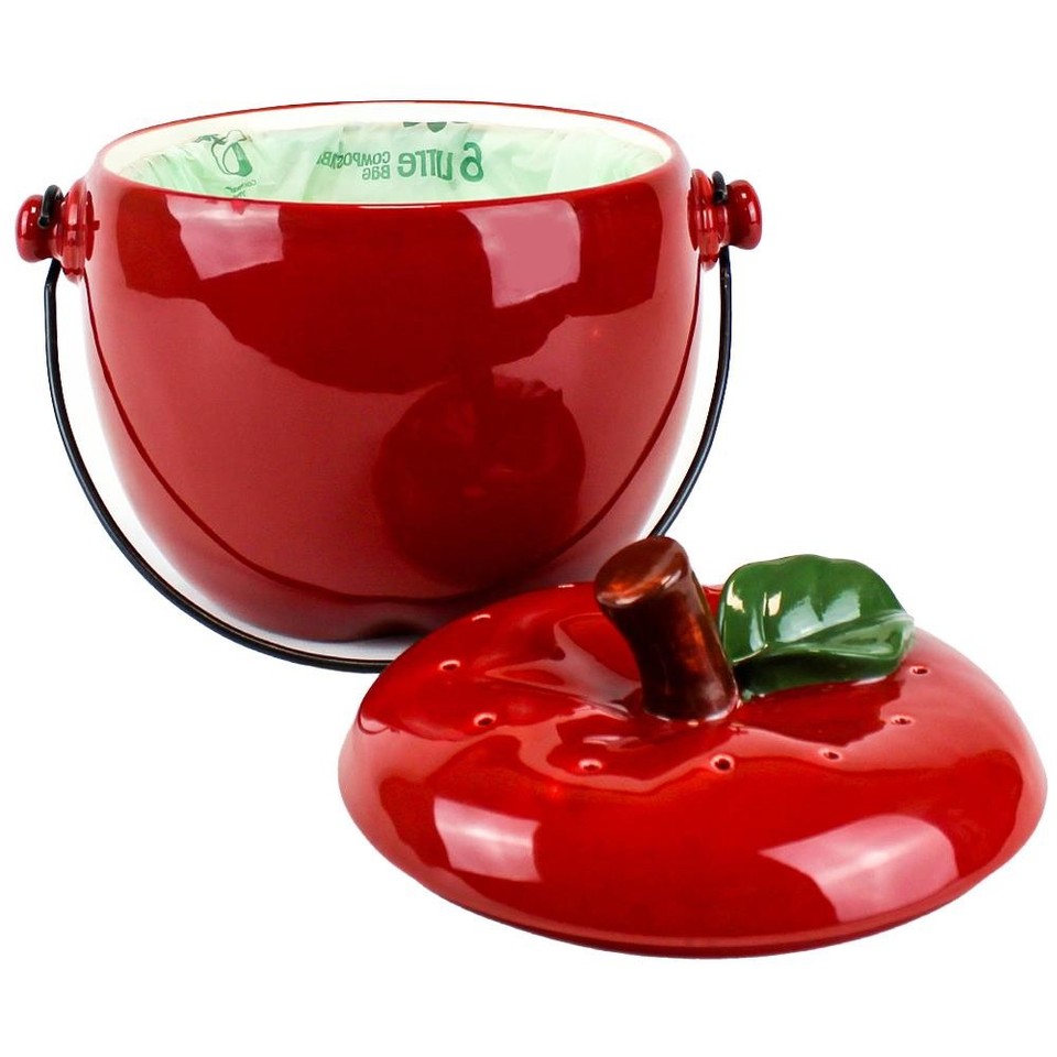 Red Apple Ceramic Compost Caddy/Food Waste Bin (3.5 Litre) & 1 x Filter ...