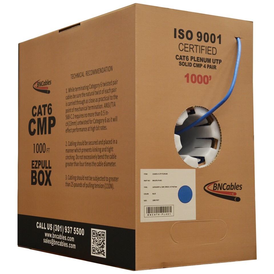 BNCables Cat6 Plenum 550 Mhz 23 AWG Solid 1000ft 10Gigabit UTP Cable in ...