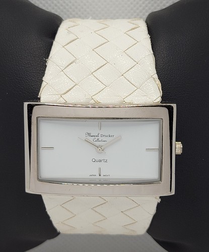 Ladies Marcel Drucker Collection Rectangle Silver Tone White Leather ...