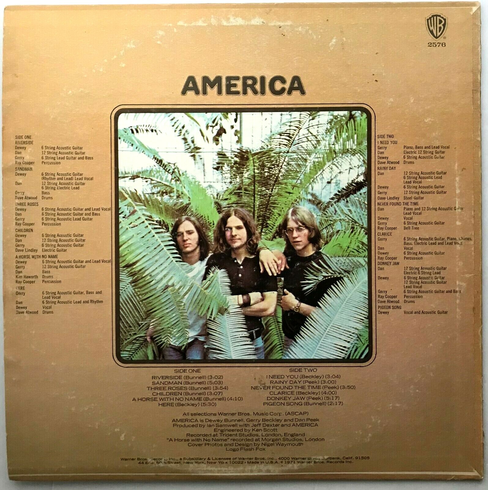 AMERICA "America" Debut LP 1972 Warner Bros. BS 2576 Repress VG+ / VG+ ...