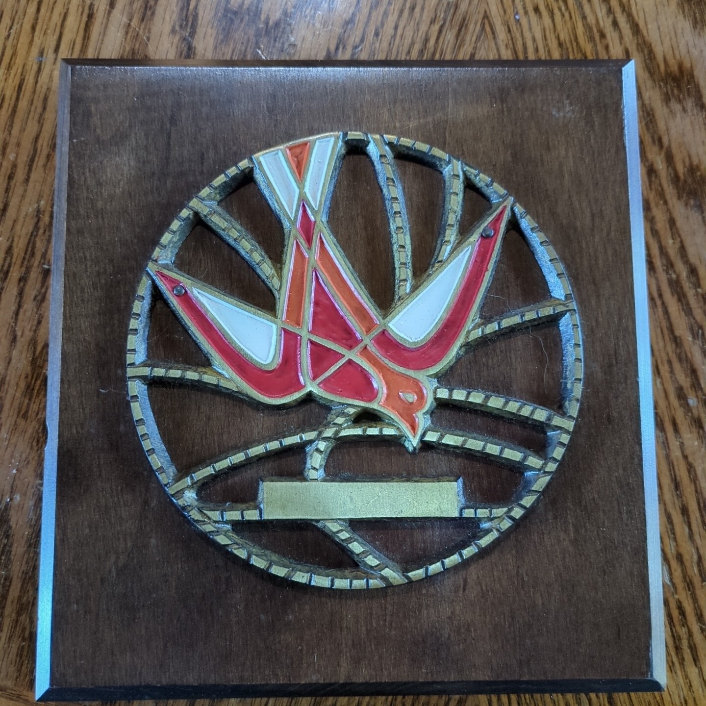 Vintage Terra Sancta Guild Dove of Peace Sign Plaque Brass Wood Enamel ...