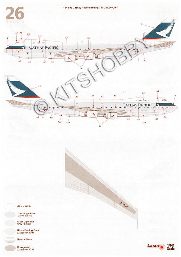26Decals 1/144 Boeing 747 Series - Cathay Pacific decal - Laser Decal ...