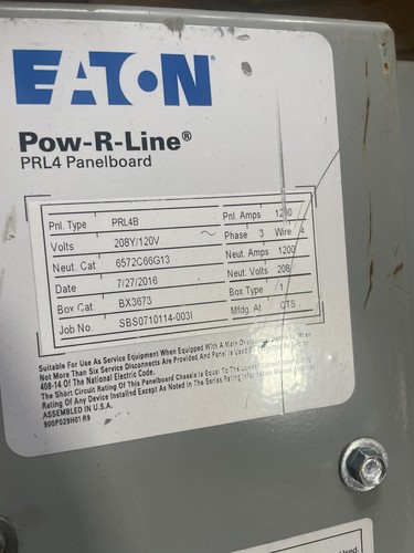 208/120V 1200A MAIN BREAKER EATON PANELBOARD PRL4 MAIN DISTRIBUTION ...