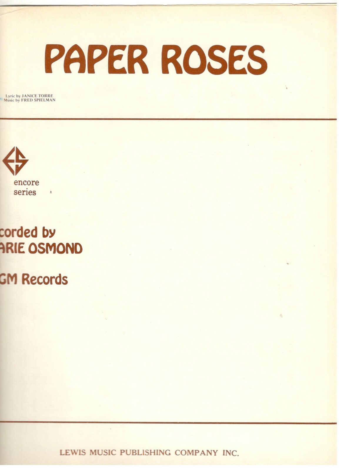 MARIE OSMOND PAPER ROSES SHEET MUSIC PIANO/VOCAL/GUITAR/CHORDS RARE ...