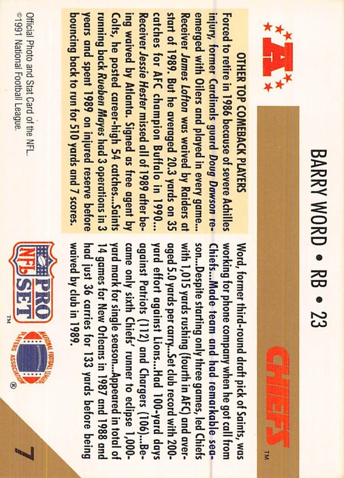 Barry Word 1991 Pro Set 7 Kansas City Chiefs Football Card | eBay