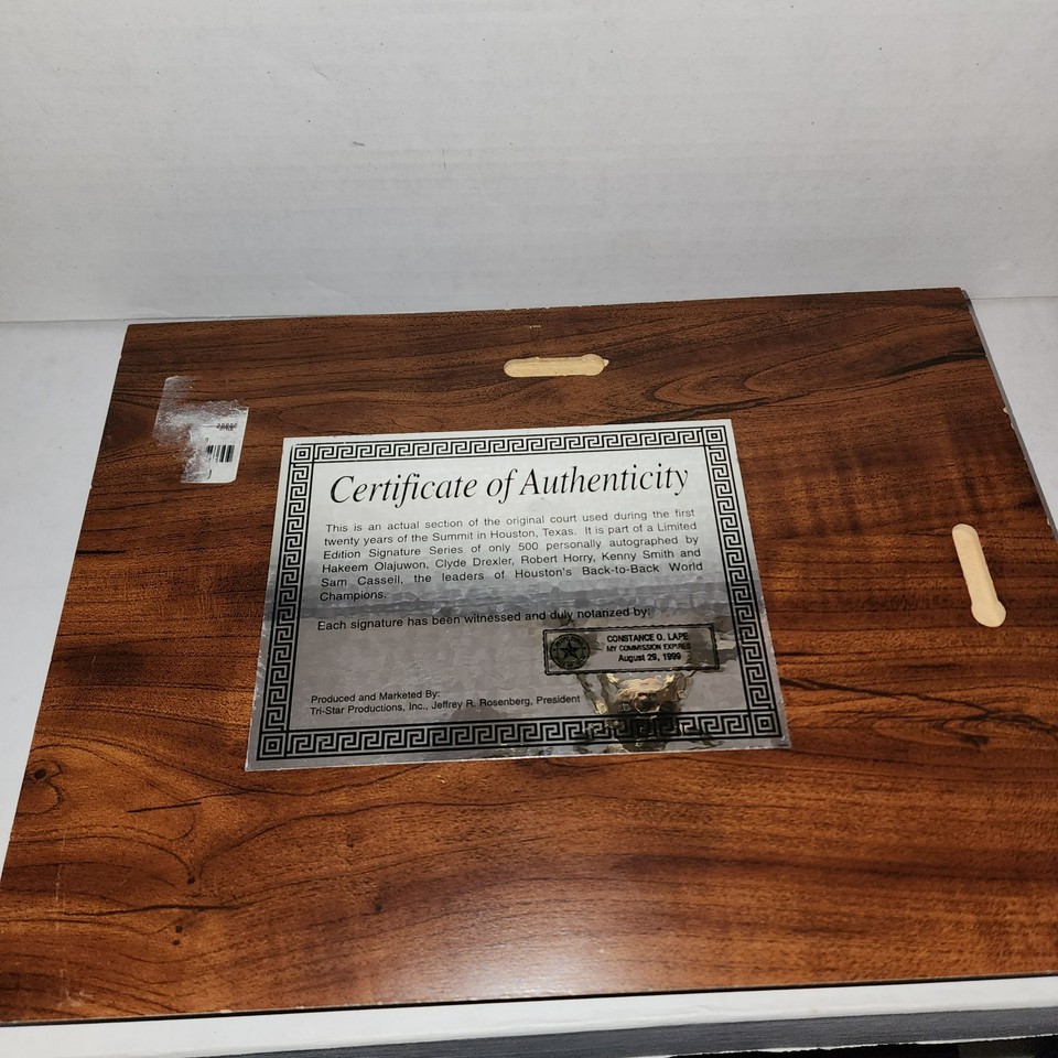 HOUSTON ROCKETS AUTOGRAPHED PIECE OF SUMMIT FLOOR - OLAJUWON, DREXLER ...