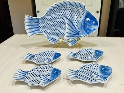 VTG Chinese Blue & White Koi Fish Serving 5pc Qianlong Reign Marks ...