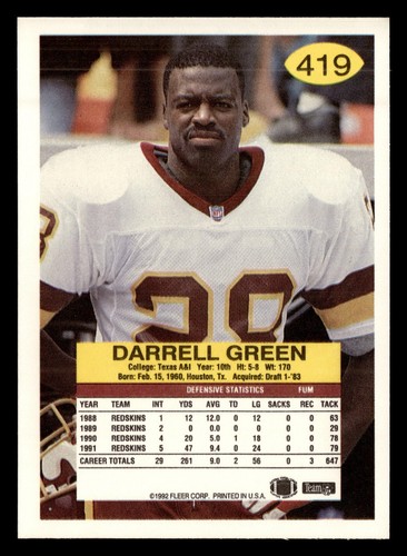 Darrell Green 1992 Fleer #419 Washington Redskins FREE SHIPPING *091 | eBay