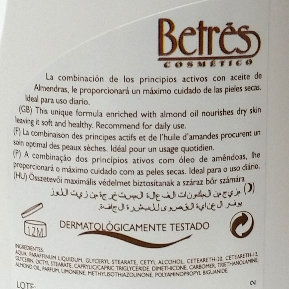 Betres Body Milk Lotion Almond Oil Dry to Very Dry Skin 12.8 oz Piel ...