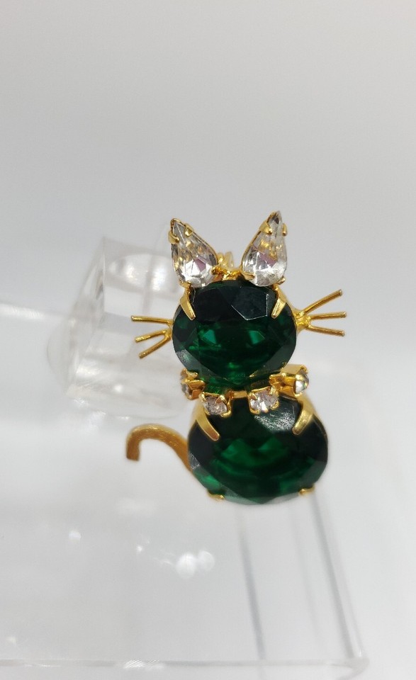 Vintage DODDS? ADORABLE Emerald Green Glass Clear Rhinestone Kitty Cat ...