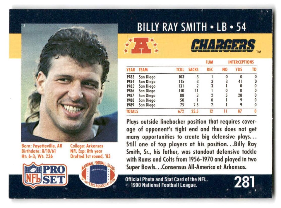 Billy Ray Smith 1990 Pro Set #281 San Diego Chargers FOOTBALL | eBay