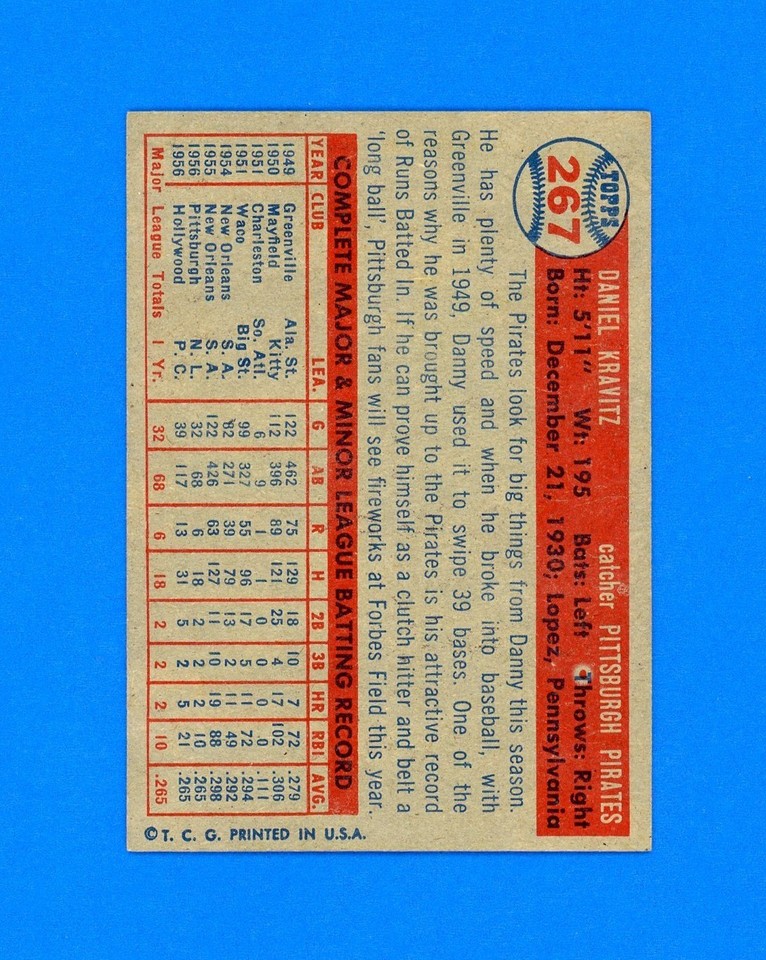 1957 Topps Baseball # 267 Danny Kravitz Scarce Ser. NM to NM-MT ...