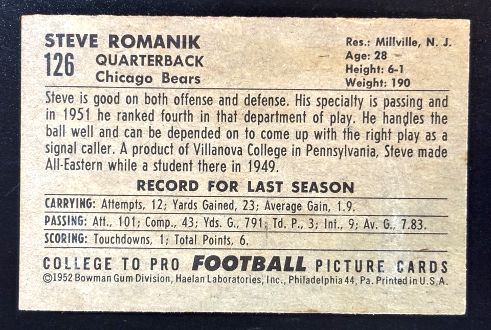 Vintage 1952 Bowman Small #126 Steve Romanik Rookie Chicago Bears RC EX ...