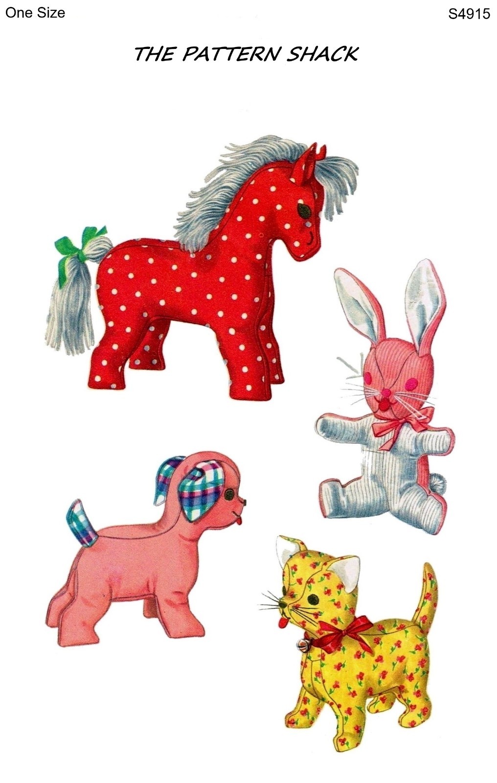 STUFFED Animal Pattern DOG Cat BUNNY PONY Toy Simplicity 4915 VTG 1954 ...