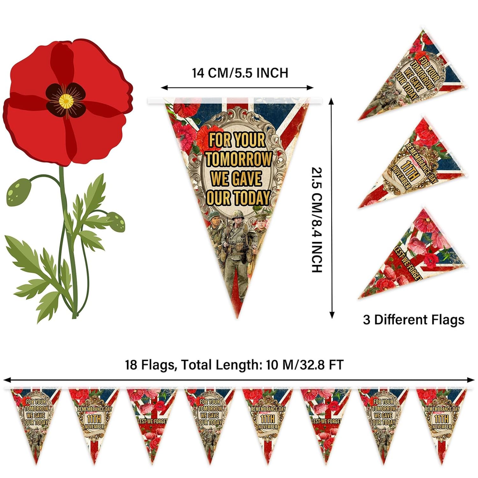 Remembrance Day Bunting 10M, 18 Pcs Lest We Forget Flag Banner for ...