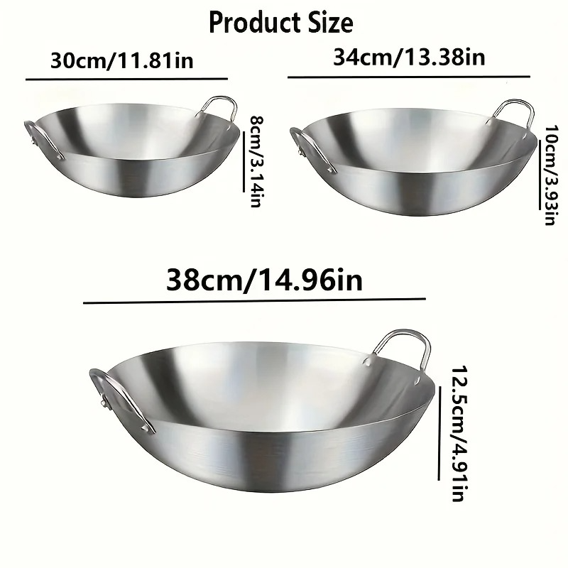 1Pc. 30/34/38cm Large Stainless Steel Wok, Uncoated Thick Durable Chef ...