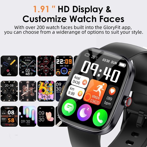 1.91 Inch Smart Watch Men Women IP68 Waterproof Fitness Tracker Black ...
