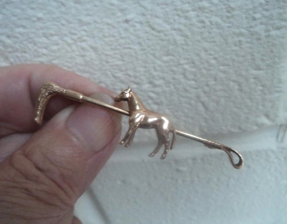 Super 9ct Gold HUNTING Stock Pin Brooch - Riding Crop & Standing Horse ...