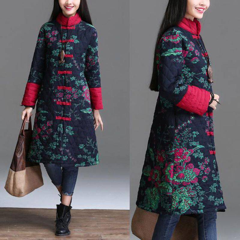 Women Long Cotton Quilted Jacket Ethnic Floral Stand Collar Chinese ...