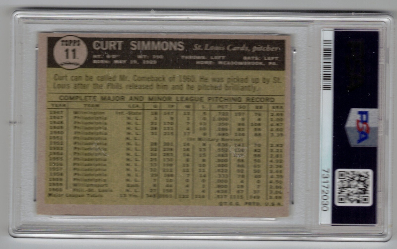 1961 Topps - Vertical Line Between G & IP #11 Curt Simmons for sale ...