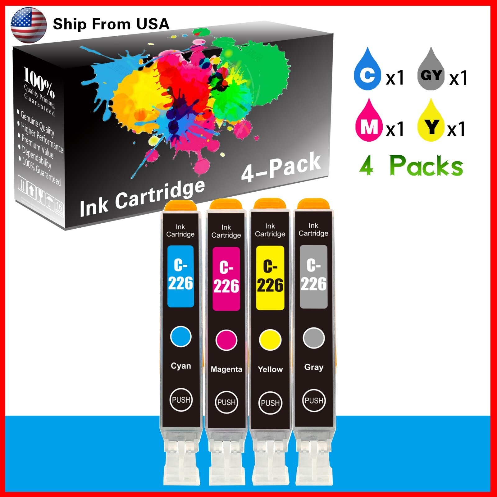 4PACK CLI226 CLI-226 Color Ink Cartridge CLI 226 for IP4820 MG8120 ...