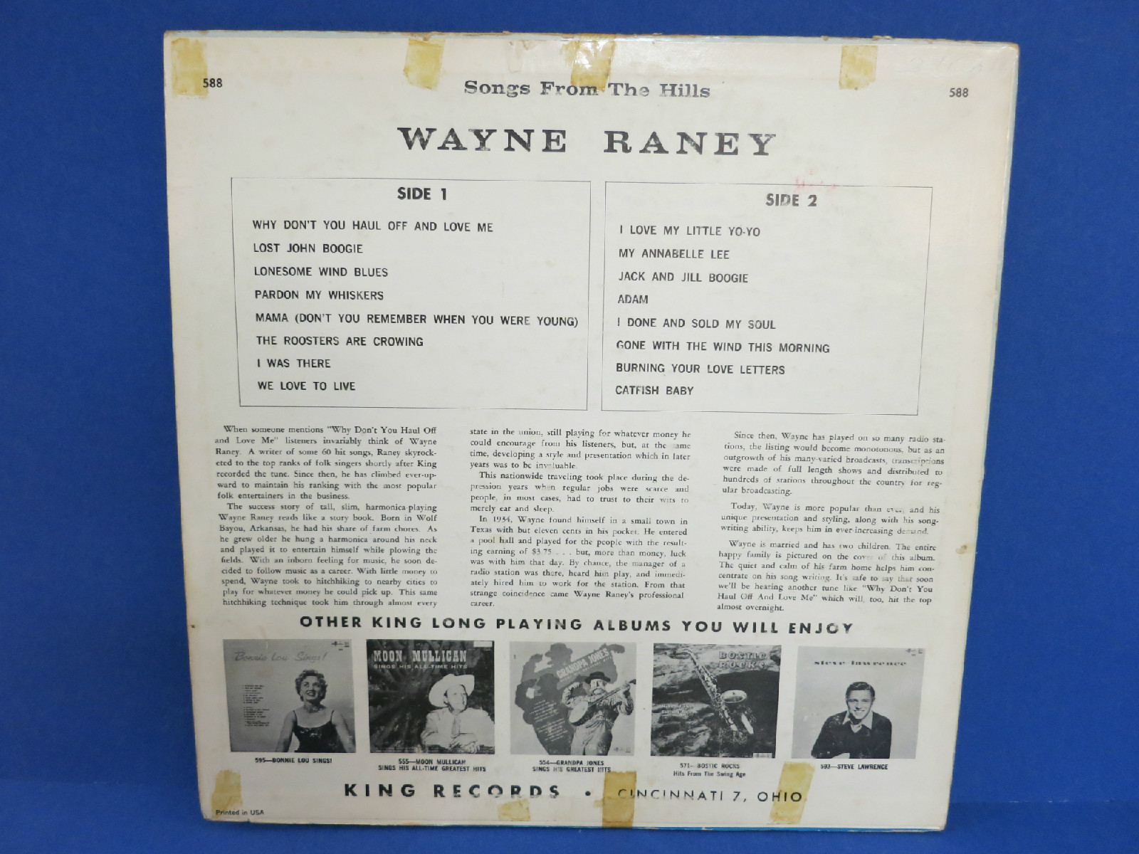 1958 1st Issue MONO LP ~WAYNE RANEY Songs From The Hills~ VG King 588 ...
