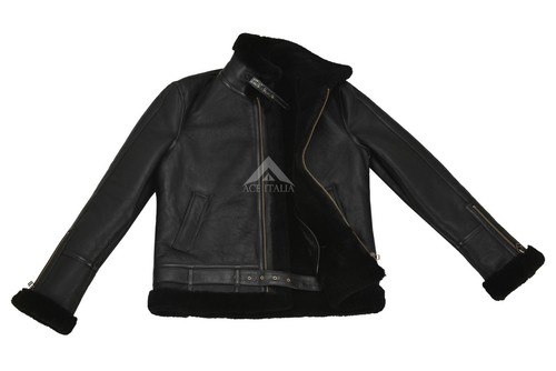 Mens B3 Classic Real Shearling Sheepskin Jacket Belted Black Fur Bomber ...