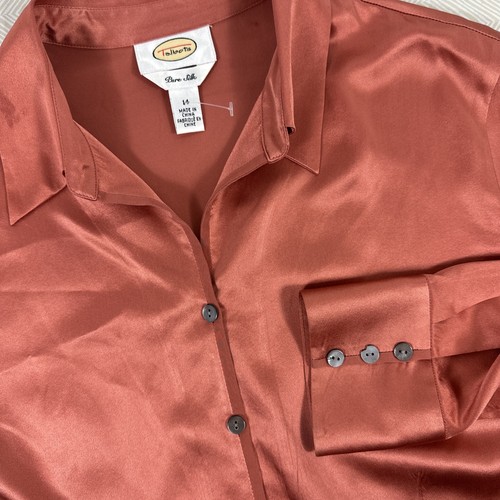 Talbots Pure Silk Top Womens 14 Button Up Salmon Coral long Sleeve ...