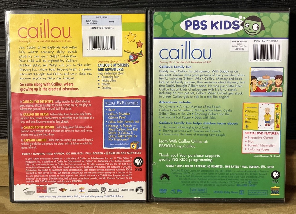 Caillou DVD Lot Bundle - PBS Kids Mysteries and Adventures & Family Fun ...