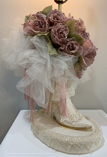 Vtg Ceramic Embellished White Victorian Boot Wedding Bouquet Pink Roses ...