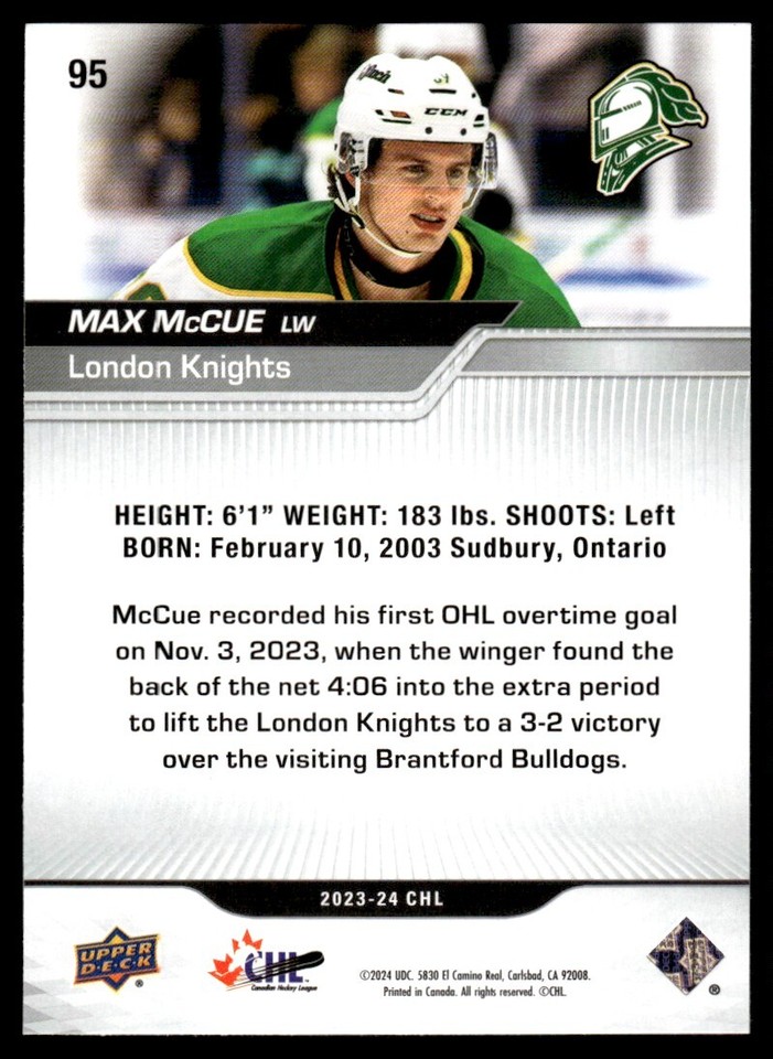 Max McCue Rookie 2023-24 Upper Deck CHL #95 | eBay