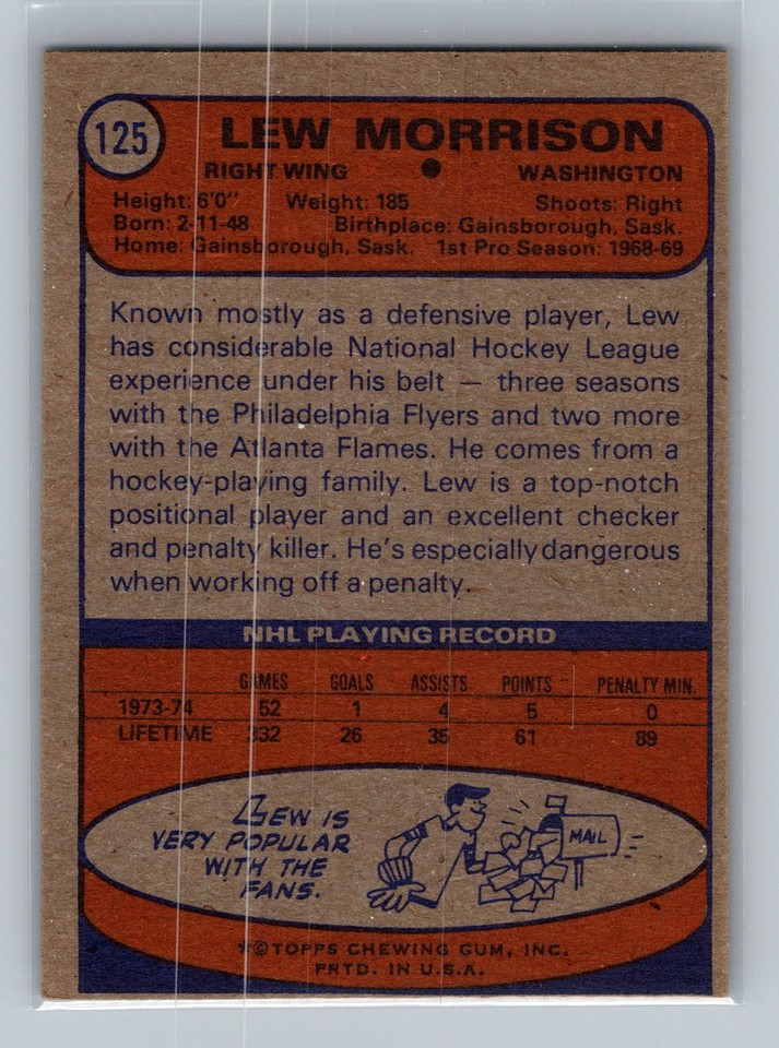 1974-75 Topps #125 Lew Morrison Washington Capitals | eBay