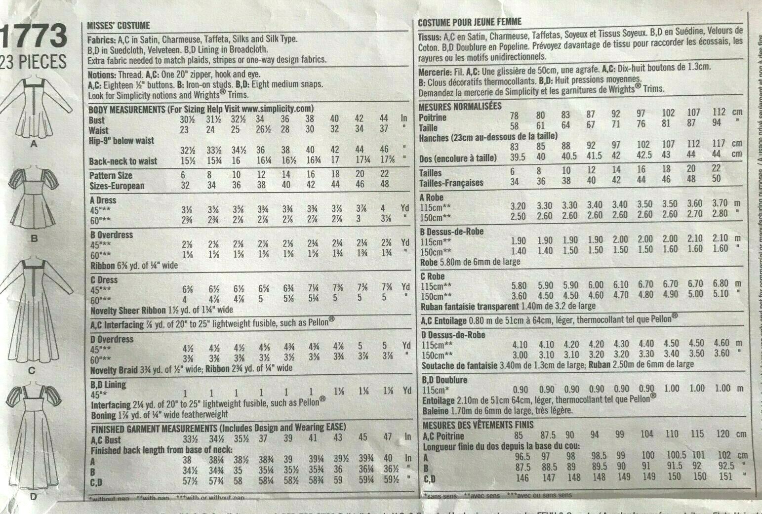 Simplicity Pattern 1773 H5 Misses' Costume Medieval Dress in Two Lengths Size 6 for sale online ...