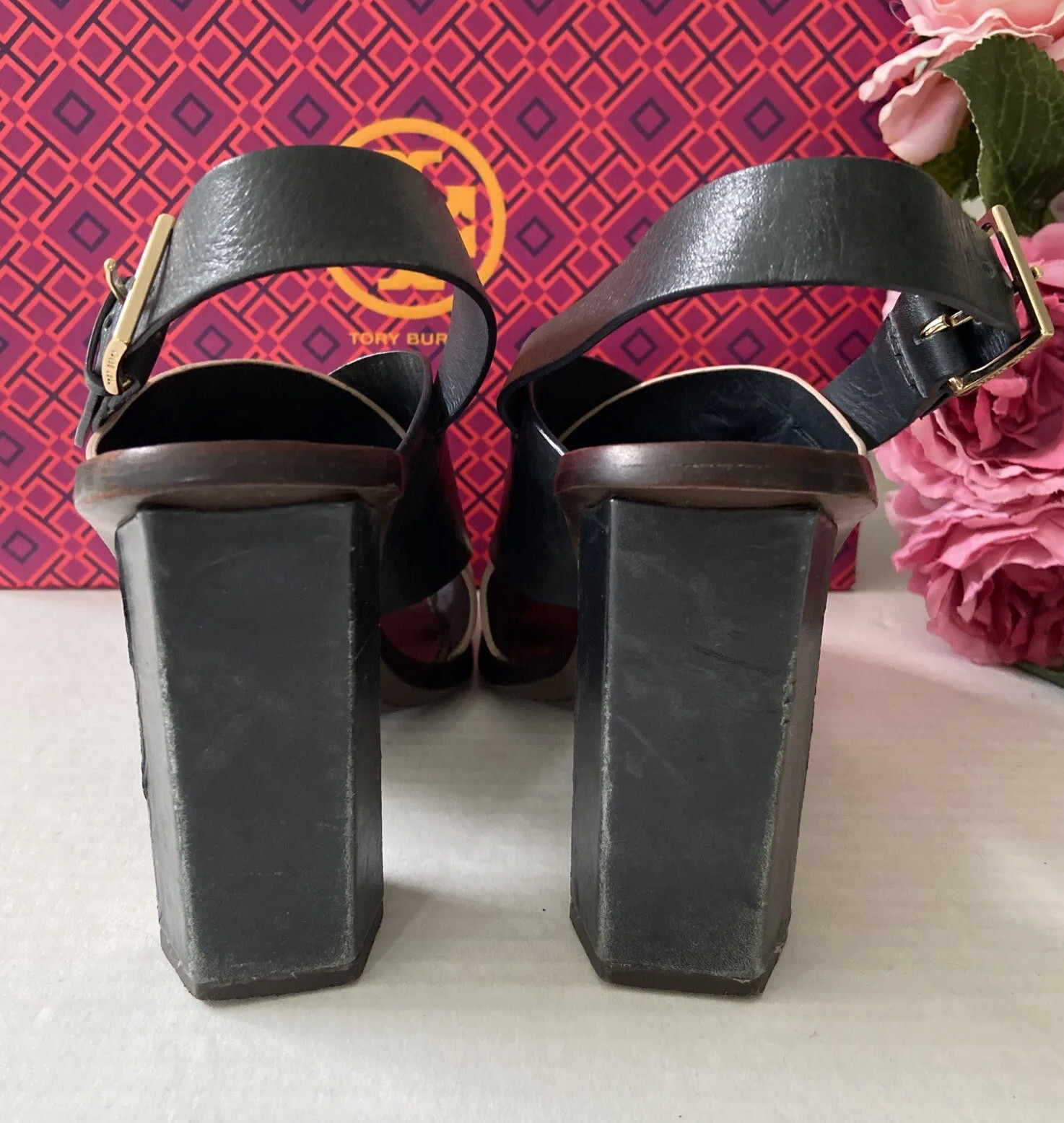 TORY BURCH Bleecker Slingback Sandal Shoe Heel Navy I… - Gem
