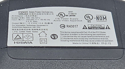 Original APD WB-18L12FU AC Power Adapter Asian Power Devices Inc 12V 1 ...