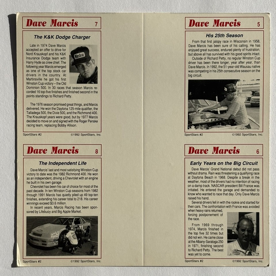 1992 SportStars Dave Marcis NASCAR uncut sheet from Racing Collectibles ...