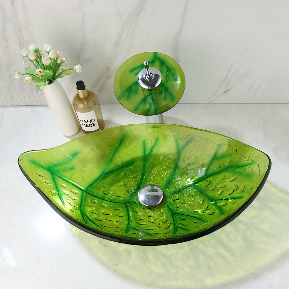 Leaf Shaped Glass Vessel Basin Sink&Bowl Chrome Waterfall Faucet Combo ...