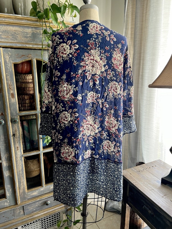 Knox Rose Kimono Duster Blue Floral Print Hippie Gypsy Boho Flowy Small ...