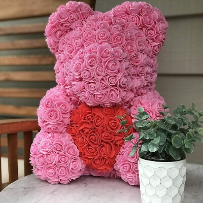 Birthday Gift Rose Bear 14” Pink with Red heart forever Rose Teddy Bear ...