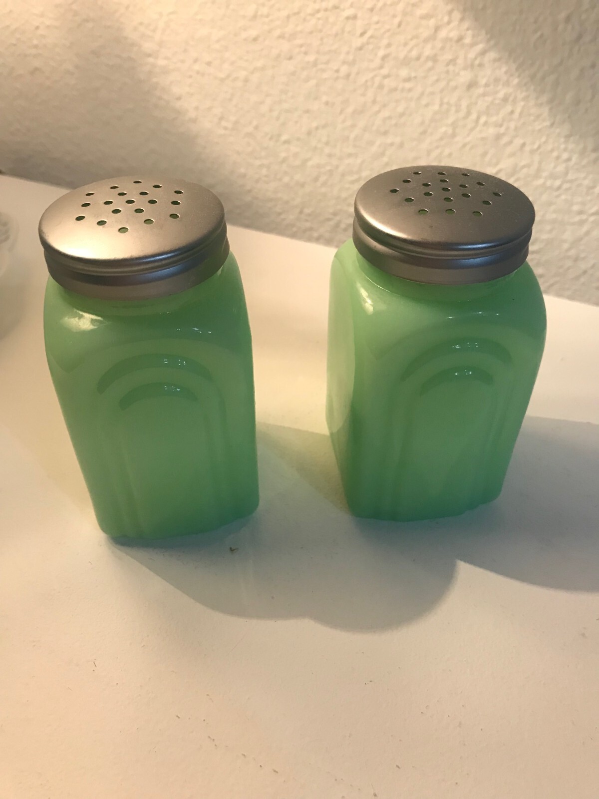 Green Jadeite Glass Depression Style Salt & Pepper Shakers, Vintage ...