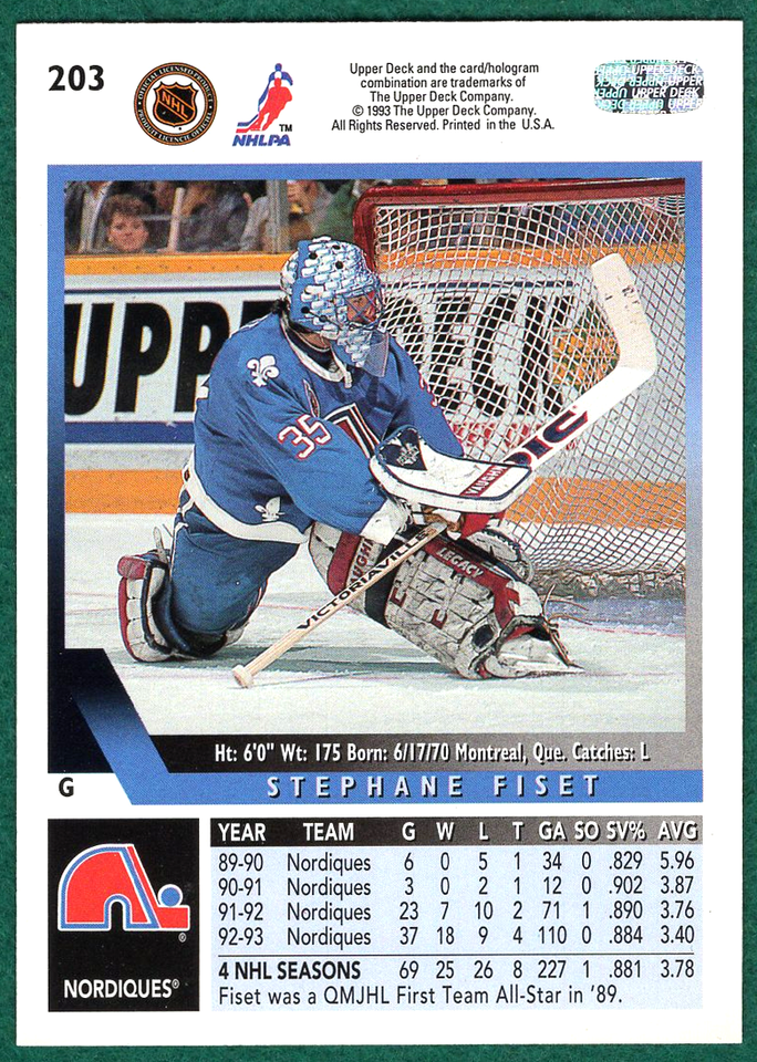 Stephane Fiset - 1993-94 Upper Deck #203 - Quebec Nordiques Hockey Card ...