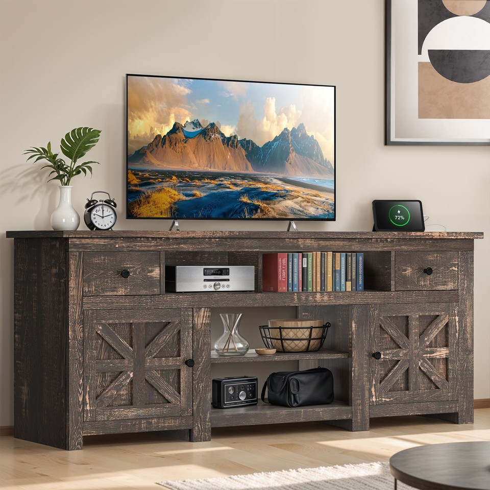 Rustic TV Stand Console for 80 in TVs with Shelves Power Outlets Media ...