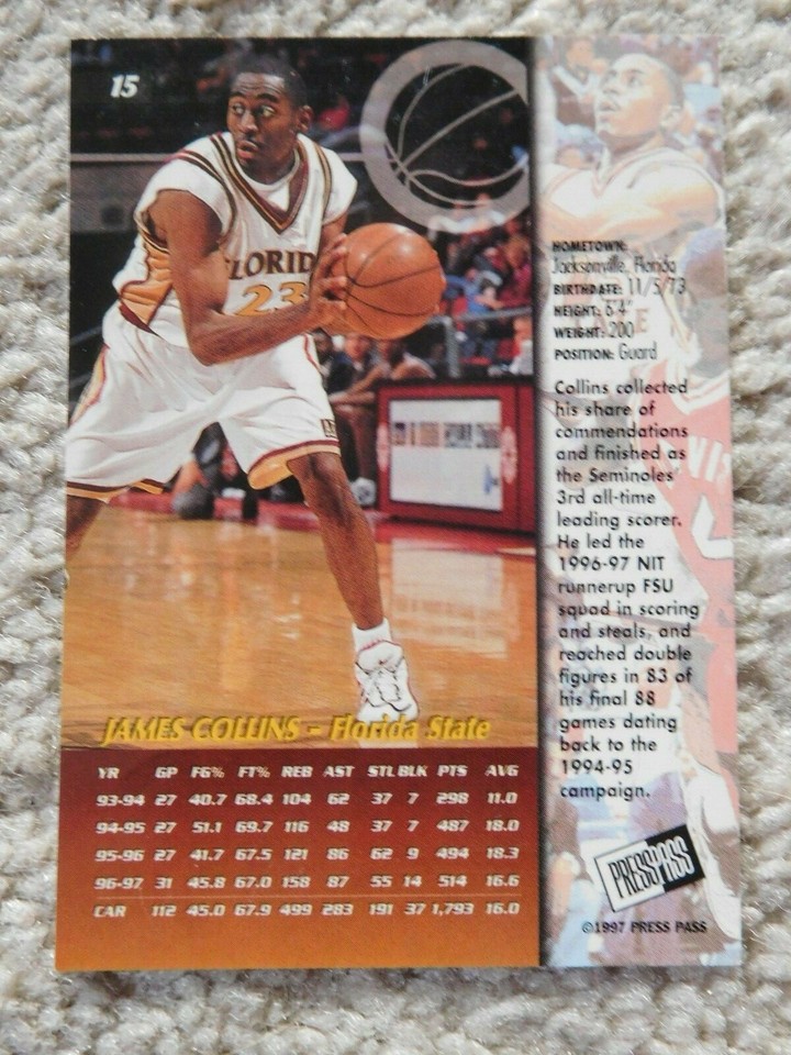 James Collins Autographed Signed 97-98 Press Pass RC Card Florida St ...