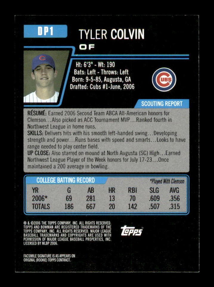 2006 Baseball Bowman 1st Card Tyler Colvin Chicago Cubs #DP1 Blue RC | eBay