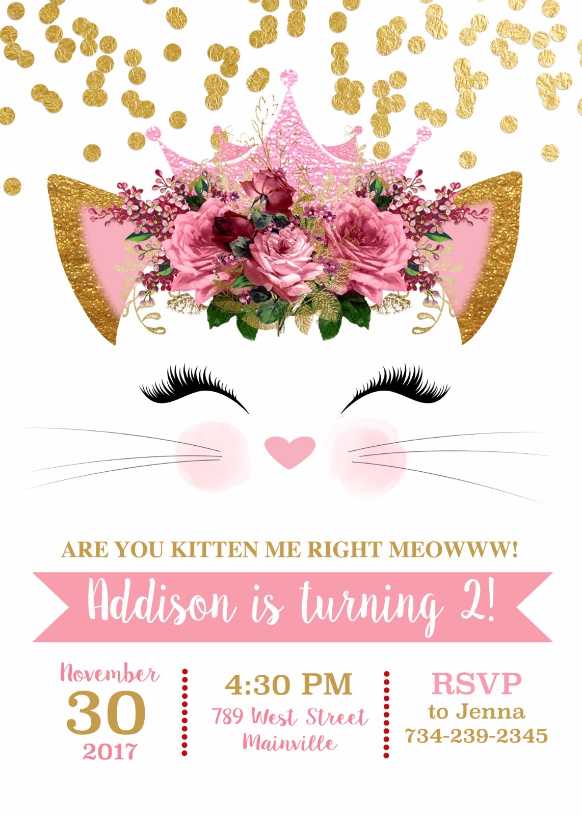 Cat, Kitten, Kitty, Birthday Party Invitation, Gold, Pink - Printable ...