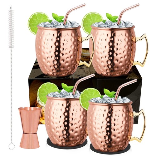 Moscow Mule Copper Mugs Set of 4, Copper Cups with Straws, Jigger ...